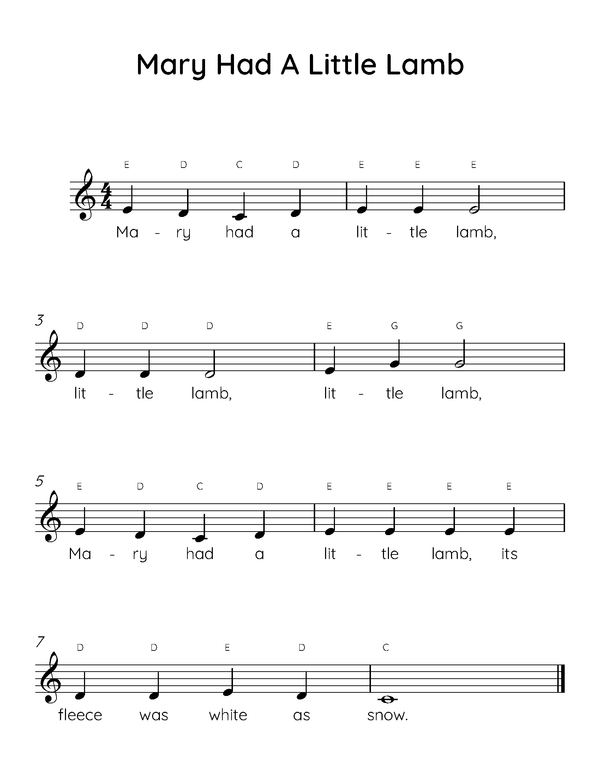 Mary Had A Little Lamb Easy Piano Sheet Music