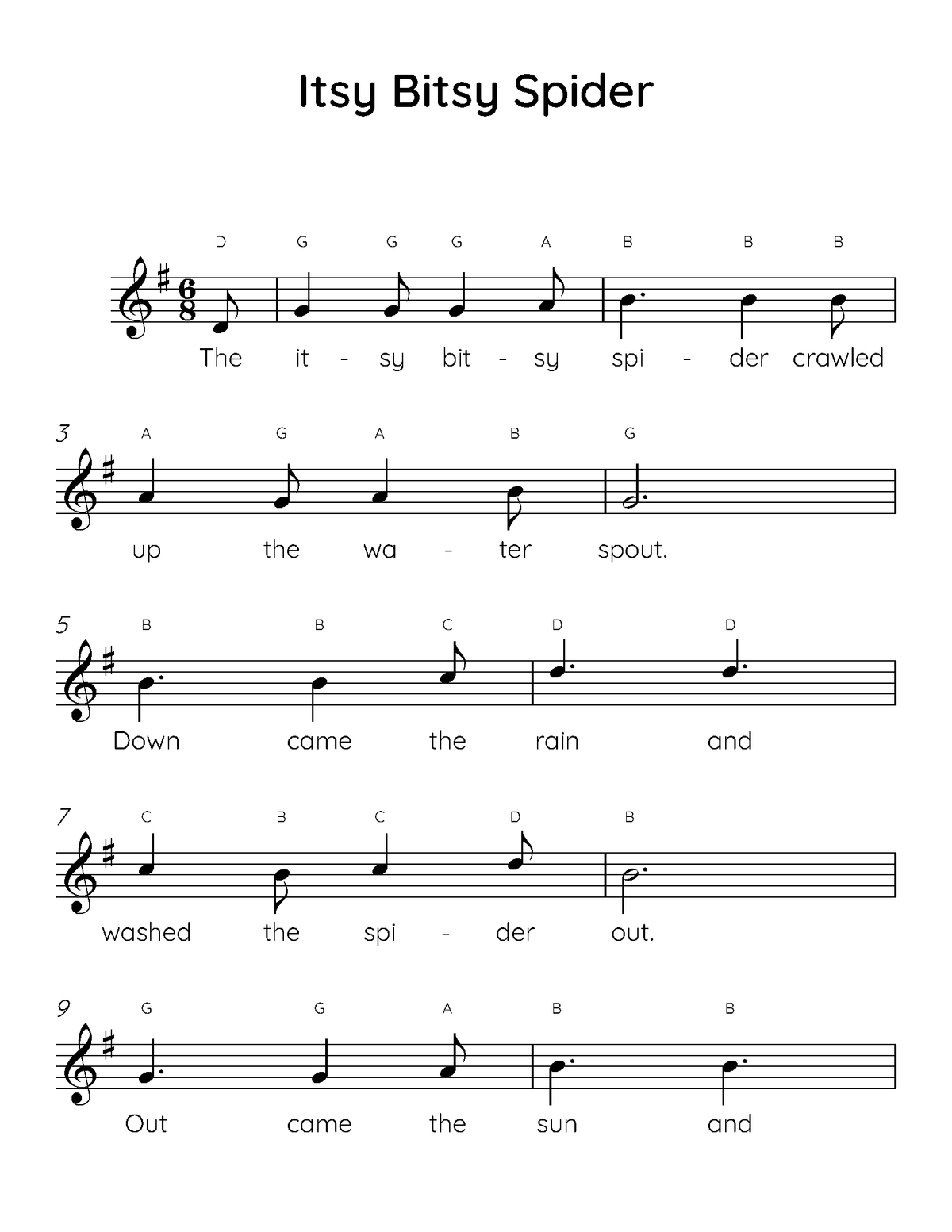 Itsy Bitsy Spider Easy Piano Sheet Music