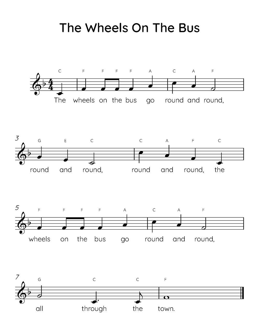 The Wheels On The Bus Easy Piano Sheet Music