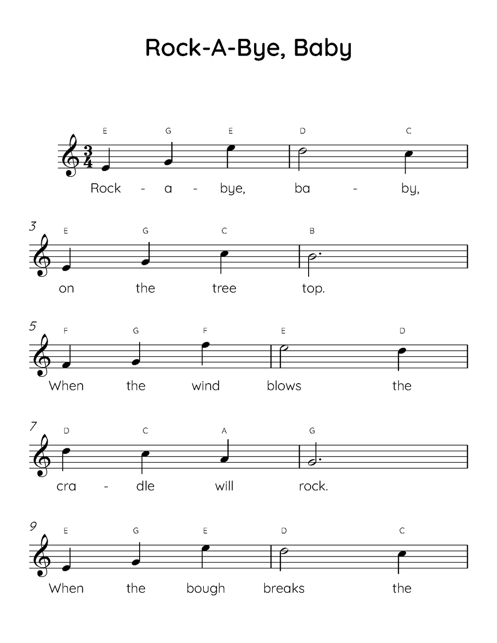 Rock-A-Bye Baby Easy Piano Sheet Music