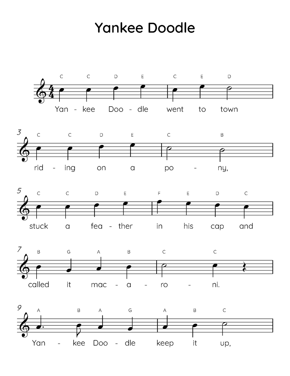 Yankee Doodle Easy Piano Sheet Music
