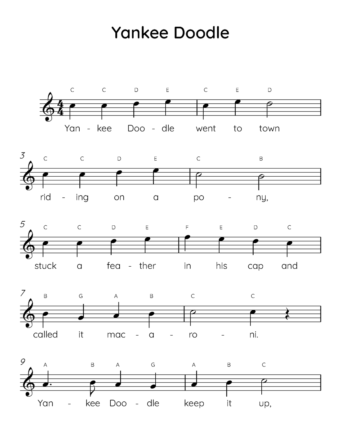 Yankee Doodle Easy Piano Sheet Music