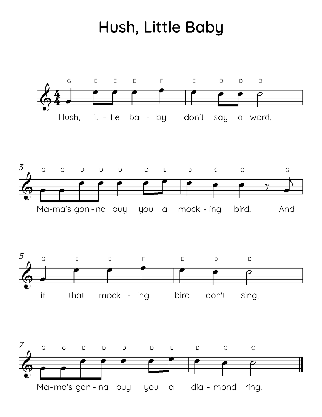 Hush Little Baby Easy Piano Sheet Music
