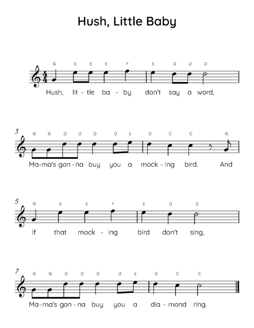 Hush Little Baby Easy Piano Sheet Music