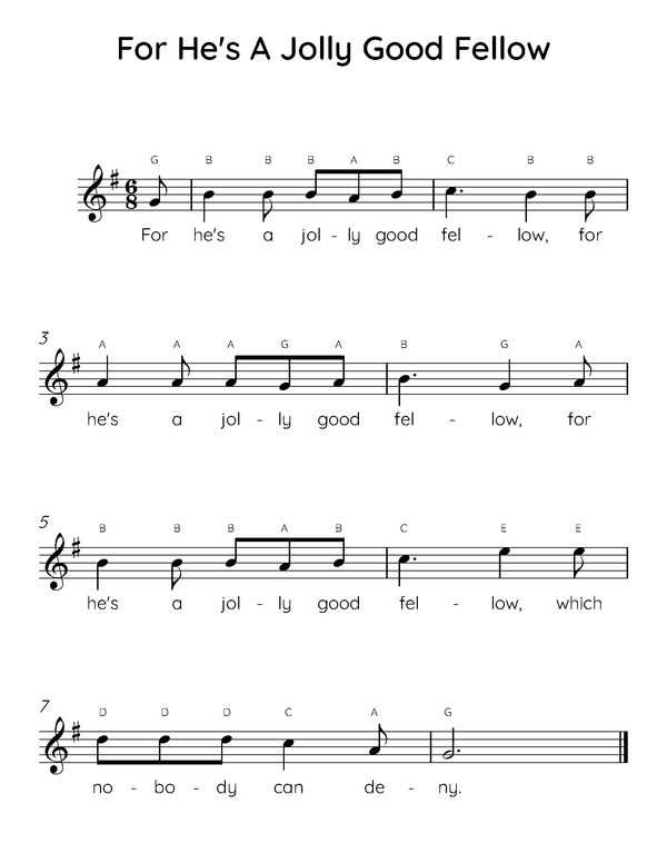 For He's A Jolly Good Fellow Easy Piano Sheet Music