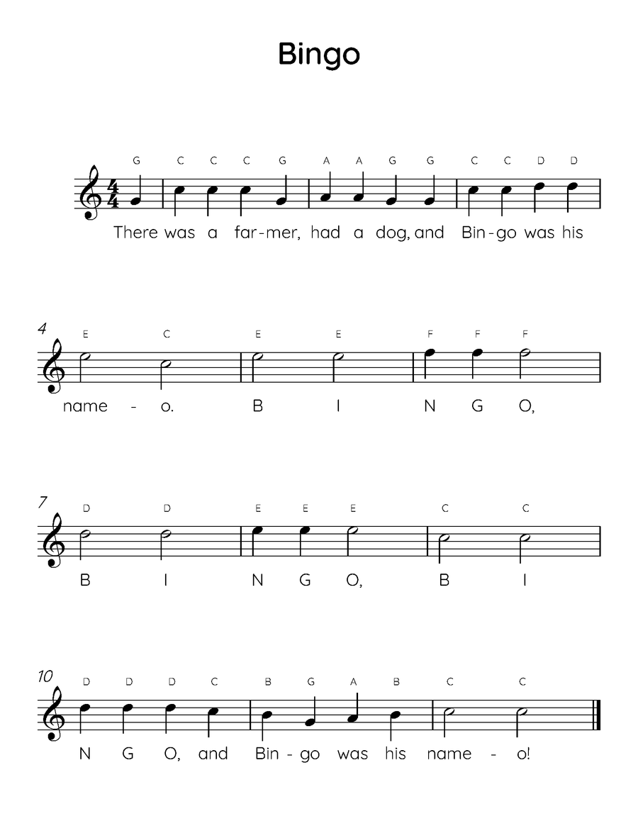 Bingo Easy Piano Sheet Music