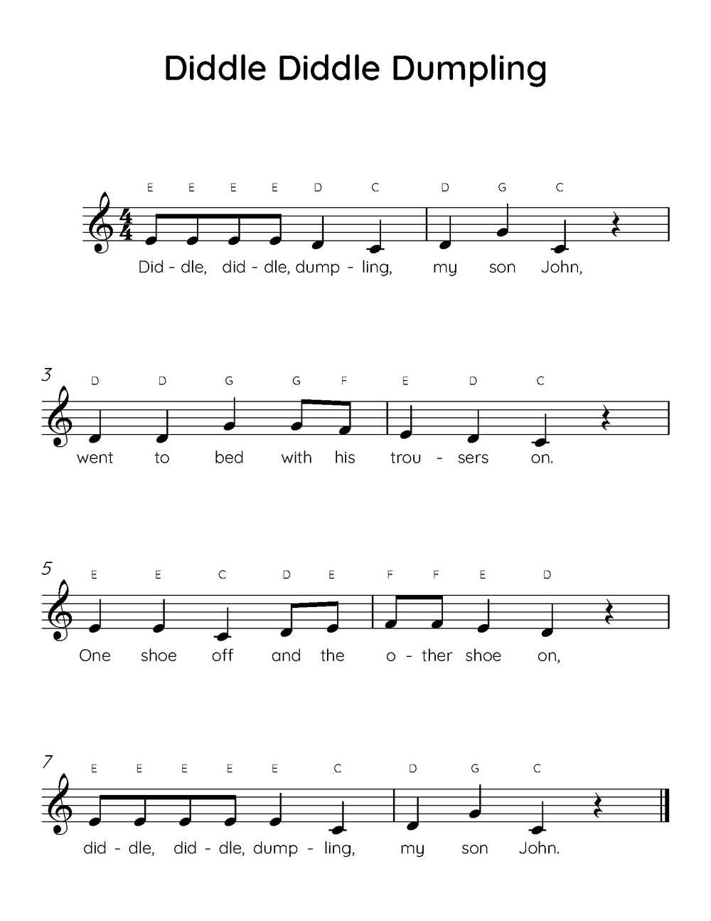Diddle Diddle Dumpling Easy Piano Sheet Music