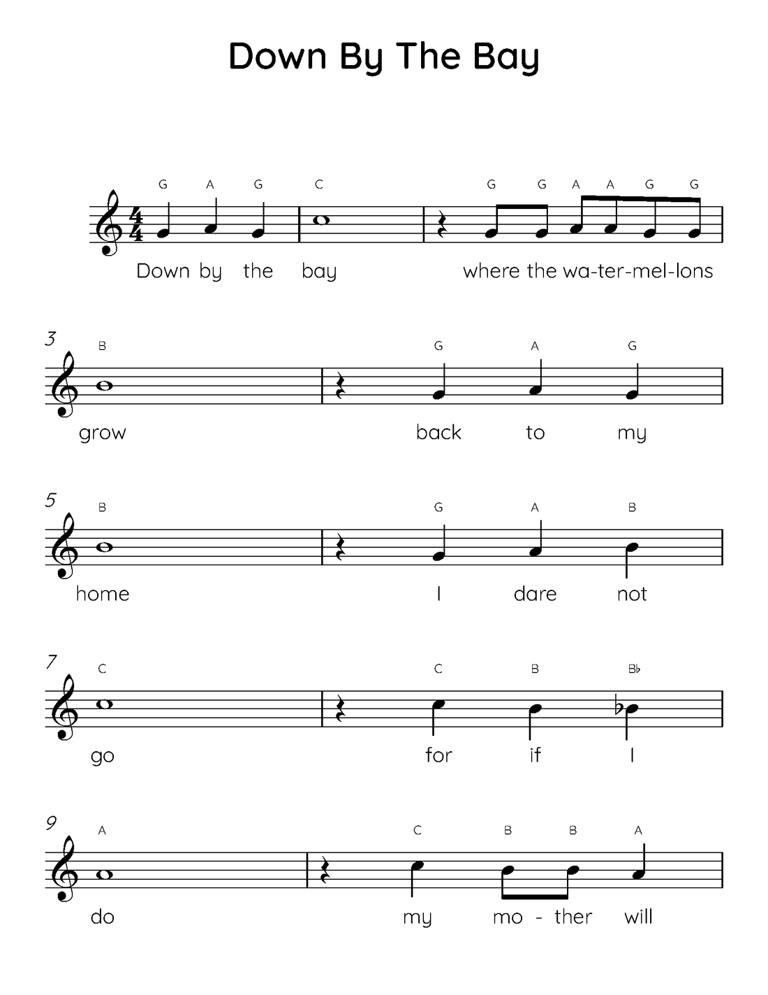Down By The Bay Easy Piano Sheet Music