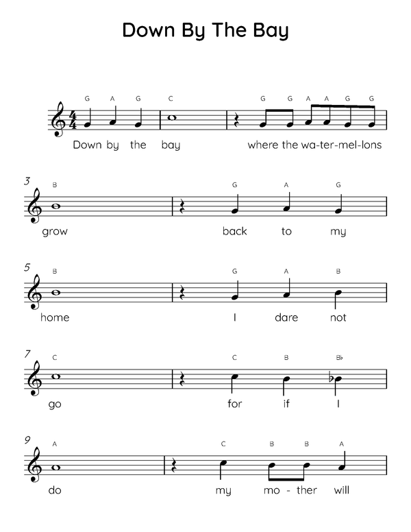 Down By The Bay Easy Piano Sheet Music