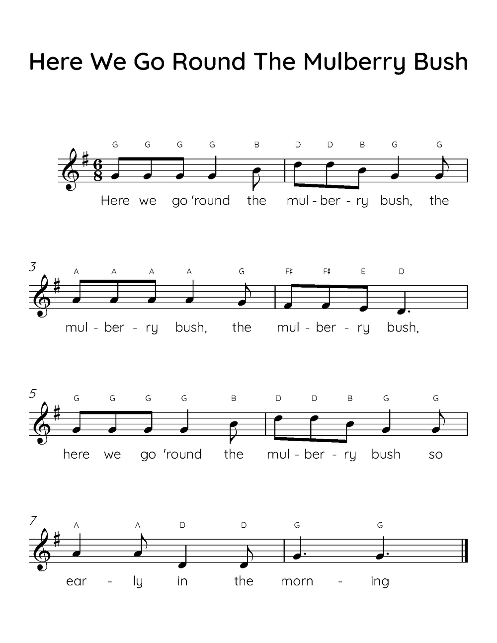 Here We Go Round The Mulberry Bush Easy Piano Sheet Music