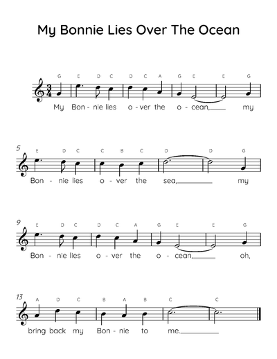 My Bonnie Lies Over The Ocean Easy Piano Sheet Music