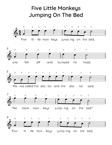 Five Little Monkeys Jumping On The Bed Easy Piano Sheet Music