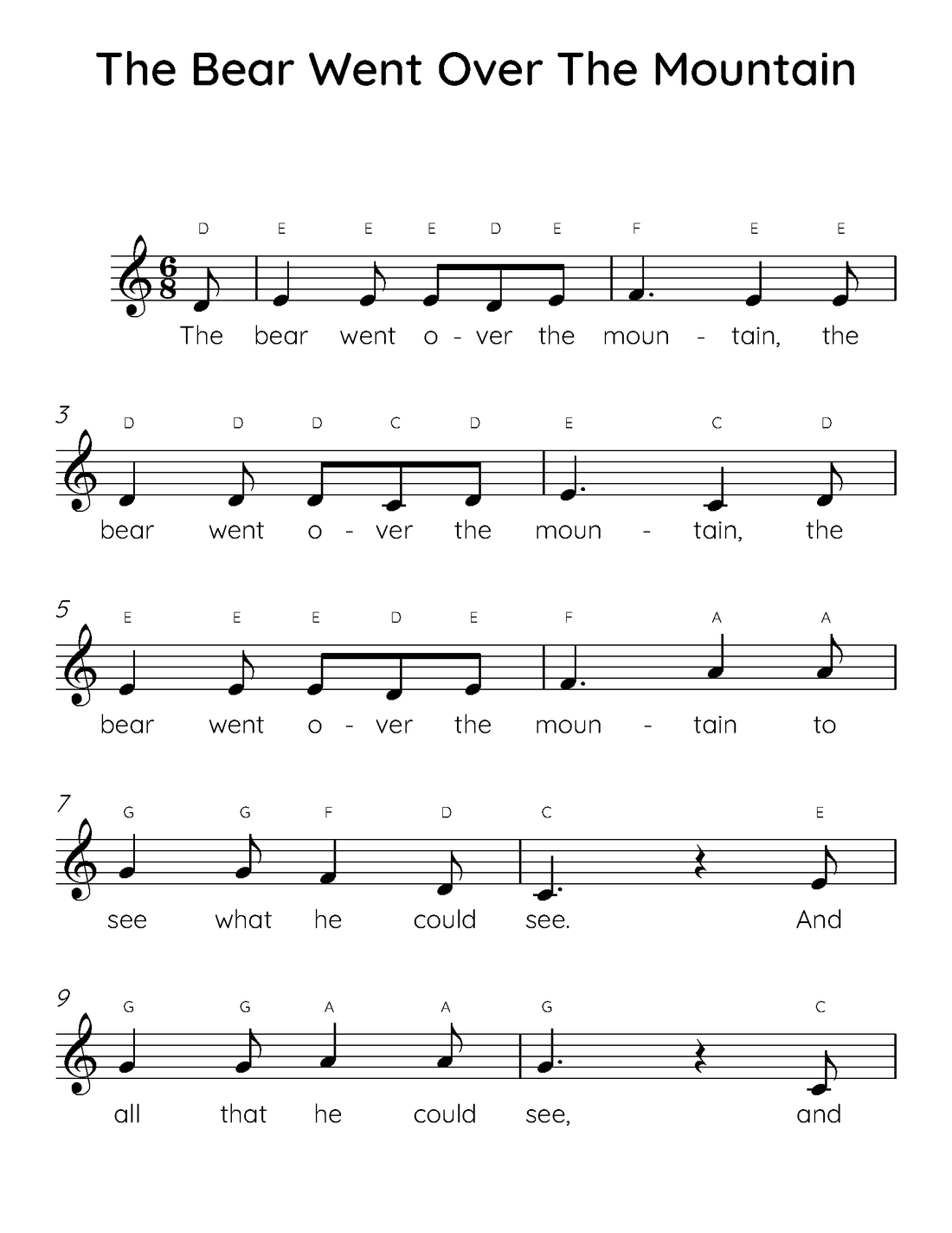 The Bear Went Over The Mountain Easy Piano Sheet Music