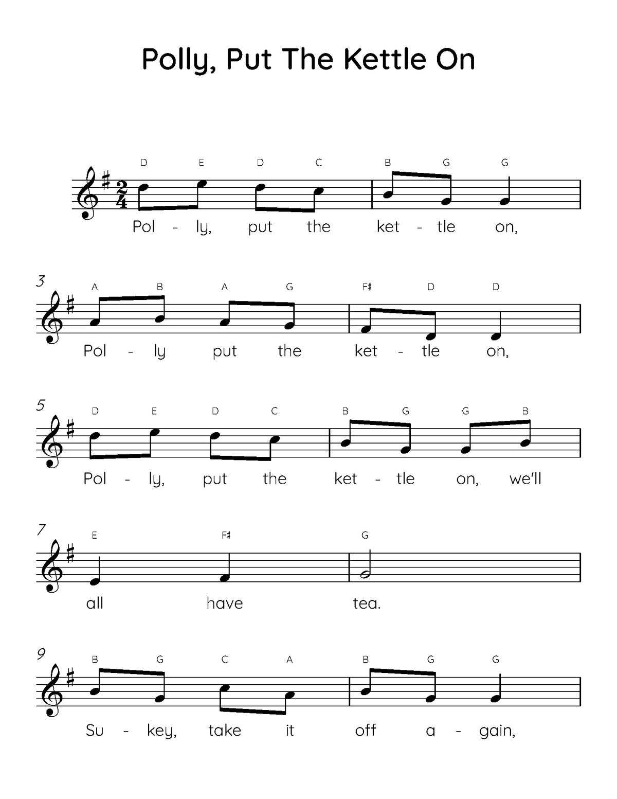 Polly Put The Kettle On Easy Piano Sheet Music