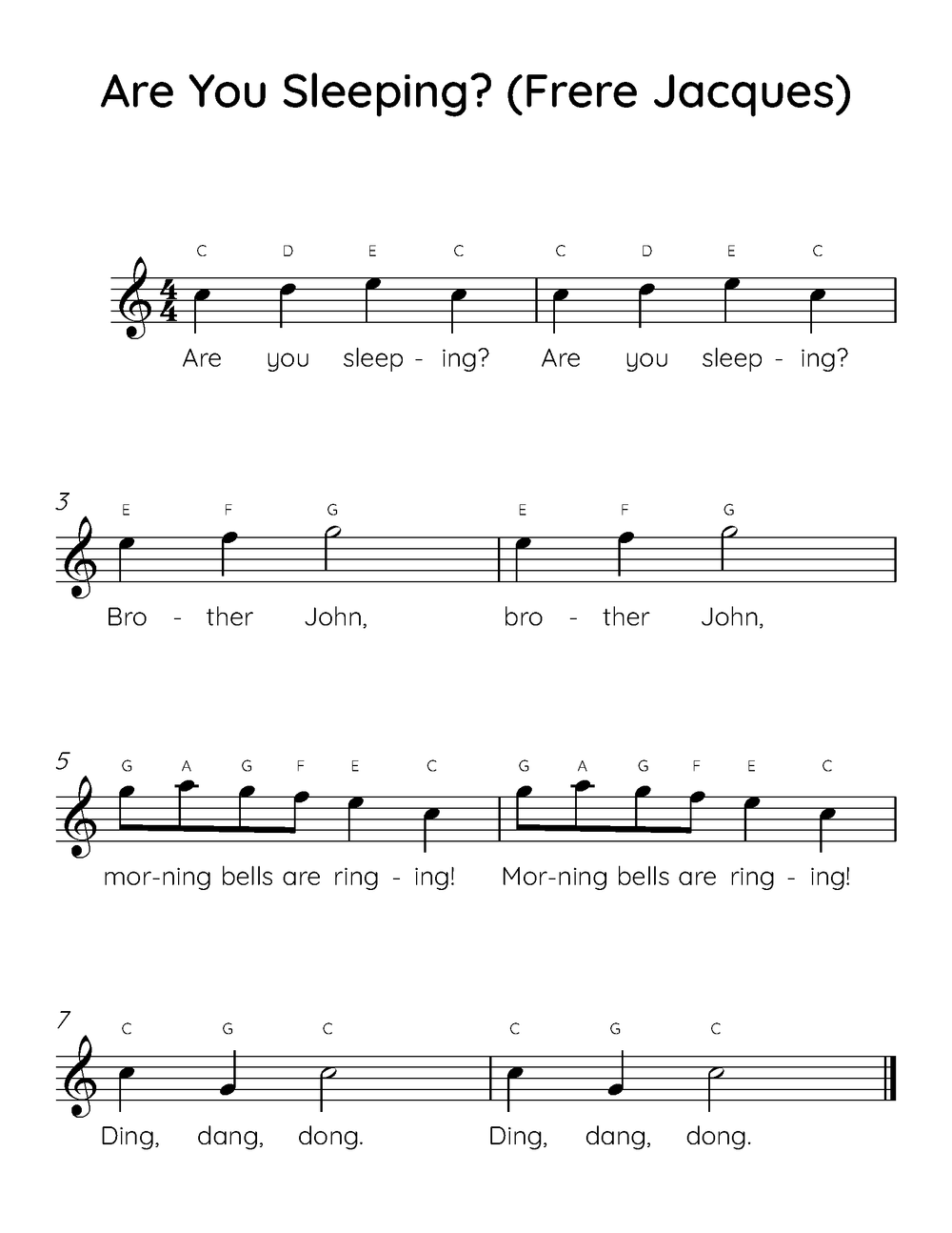 Are You Sleeping (Frere Jacques) Easy Piano Sheet Music