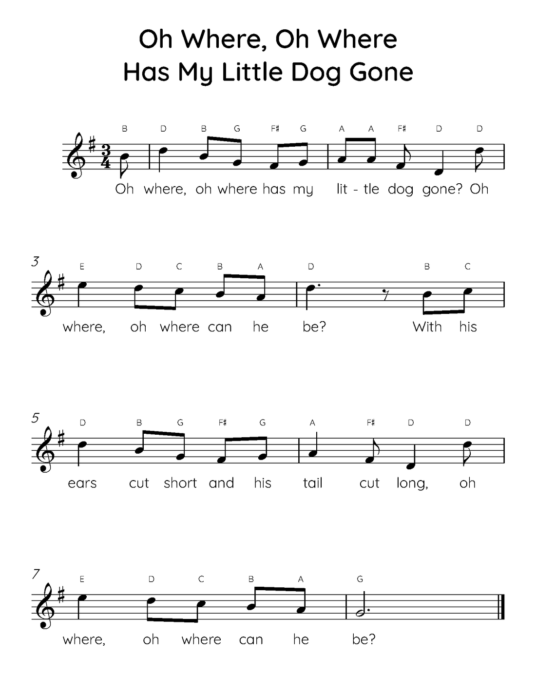 Oh Where Oh Where Has My Little Dog Gone Easy Piano Sheet Music