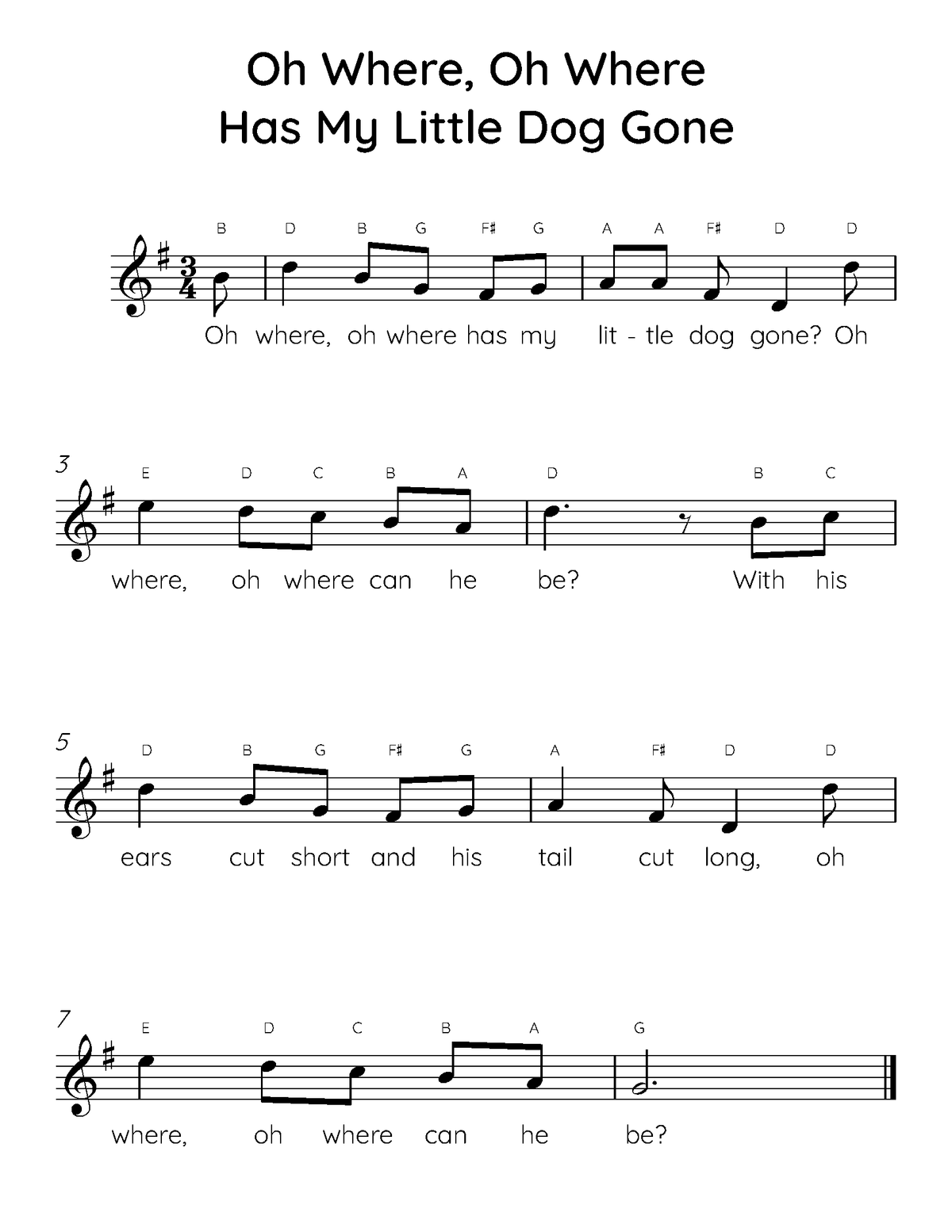 Oh Where Oh Where Has My Little Dog Gone Easy Piano Sheet Music