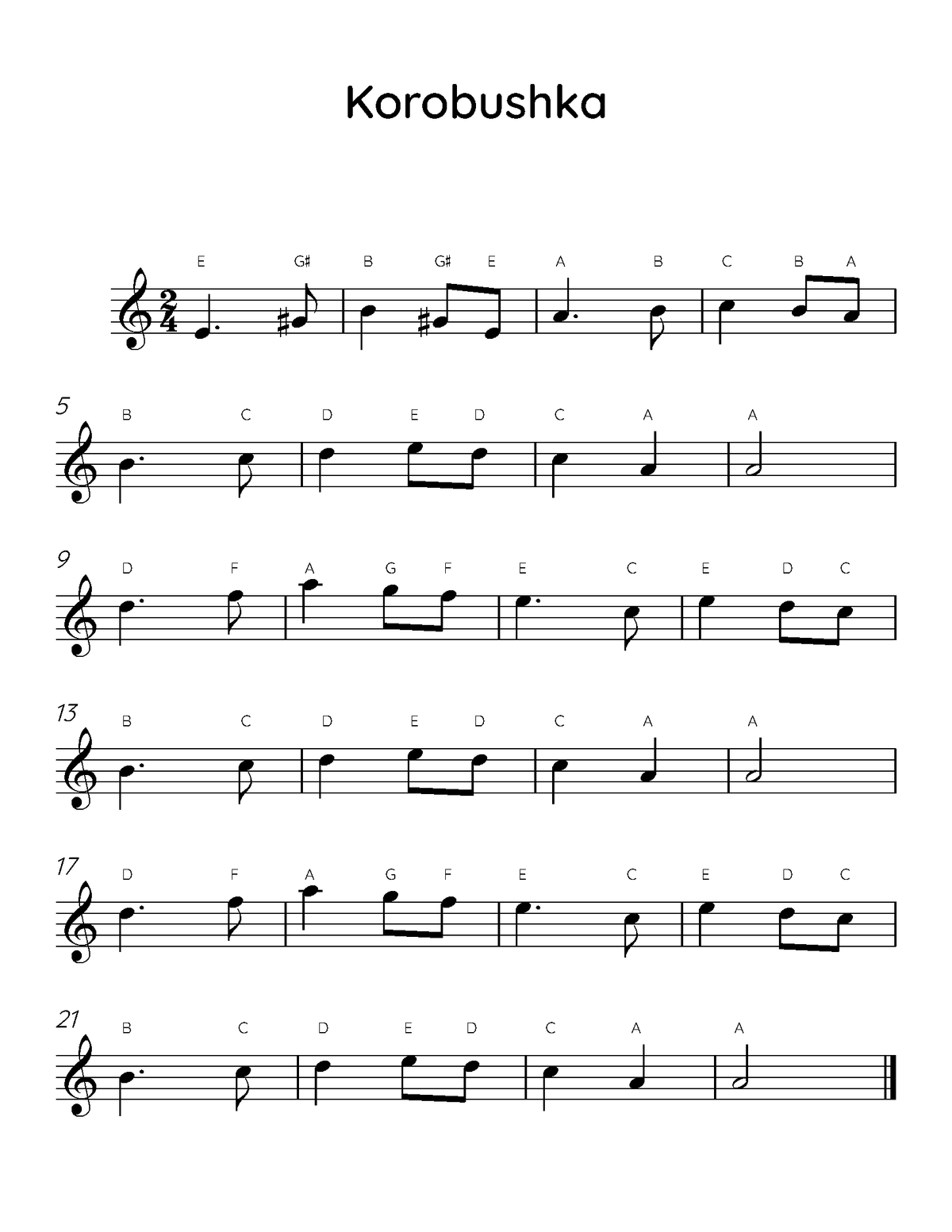 Korobushka Easy Piano Sheet Music