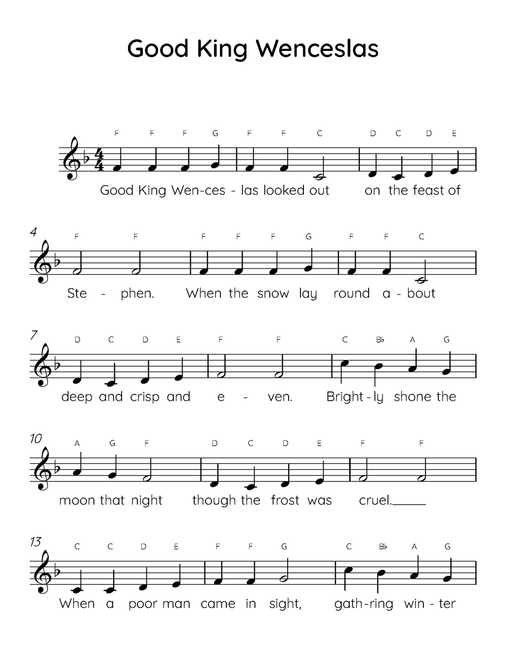 Good King Wenceslas Easy Piano Sheet Music