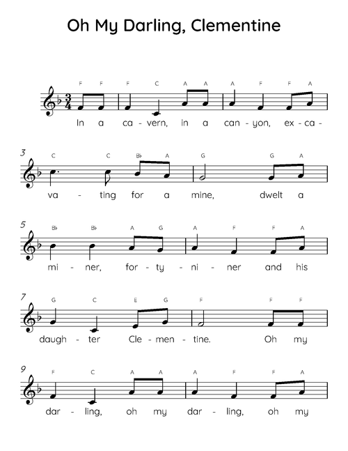 Oh My Darling Clementine Easy Piano Sheet Music
