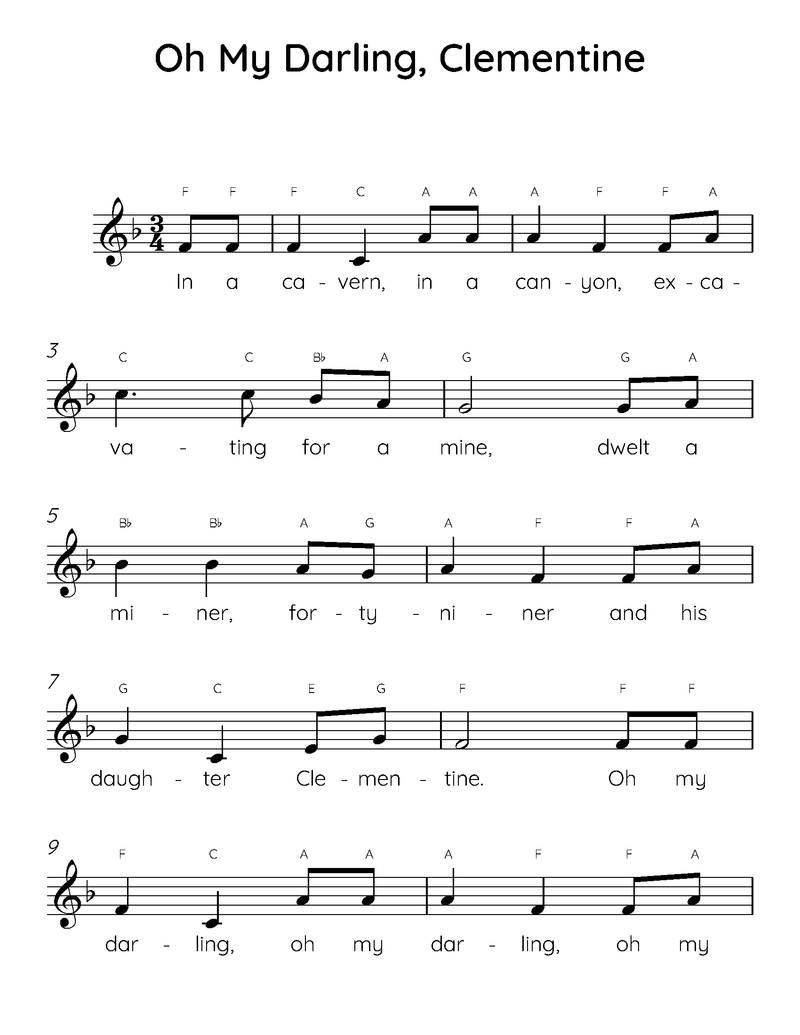 Oh My Darling Clementine Easy Piano Sheet Music