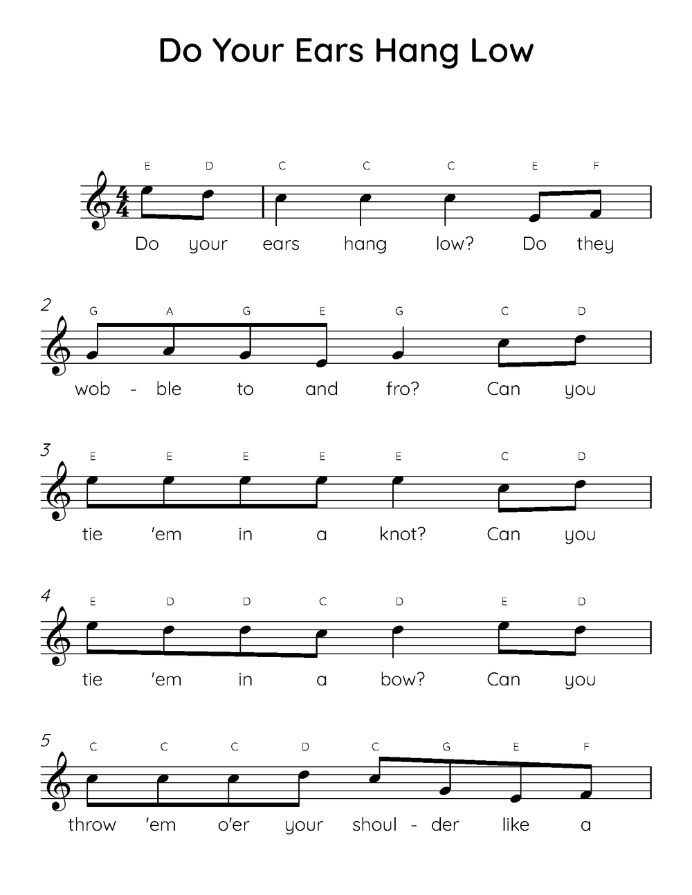 Do Your Ears Hang Low Easy Piano Sheet Music