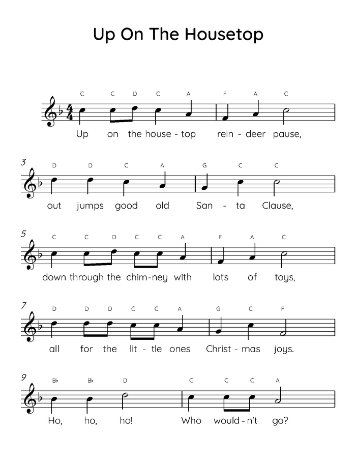 Up On The Housetop Easy Piano Sheet Music