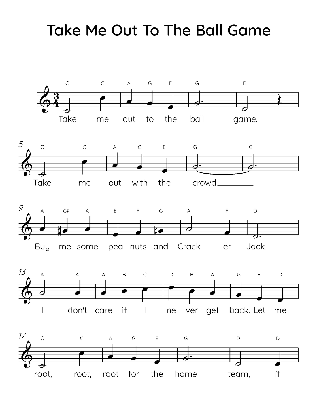 Take Me Out To The Ball Game Easy Piano Sheet Music
