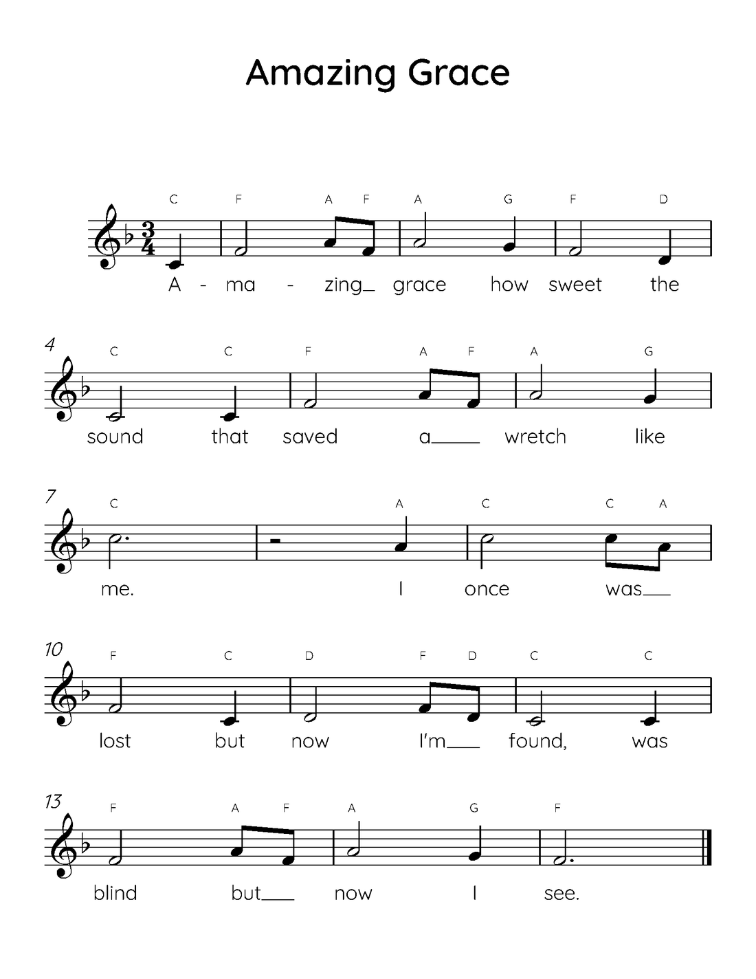 Amazing Grace Easy Piano Sheet Music