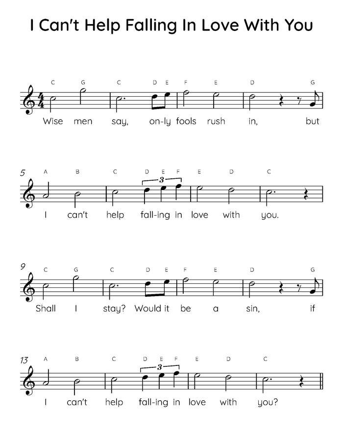 I Can't Help Falling In Love With You Easy Piano Sheet Music