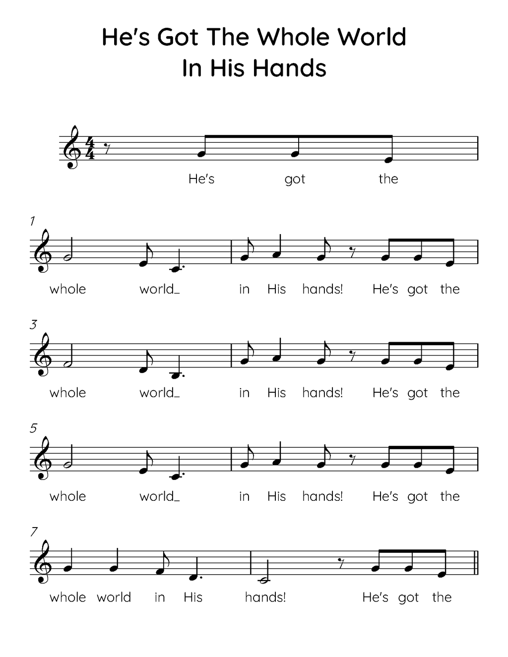 He's Got The Whole World In His Hands Easy Piano Sheet Music