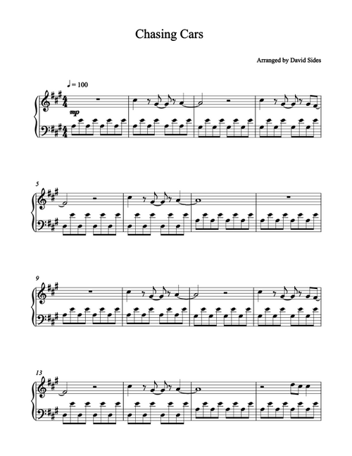 Chasing Cars Piano Sheet Music